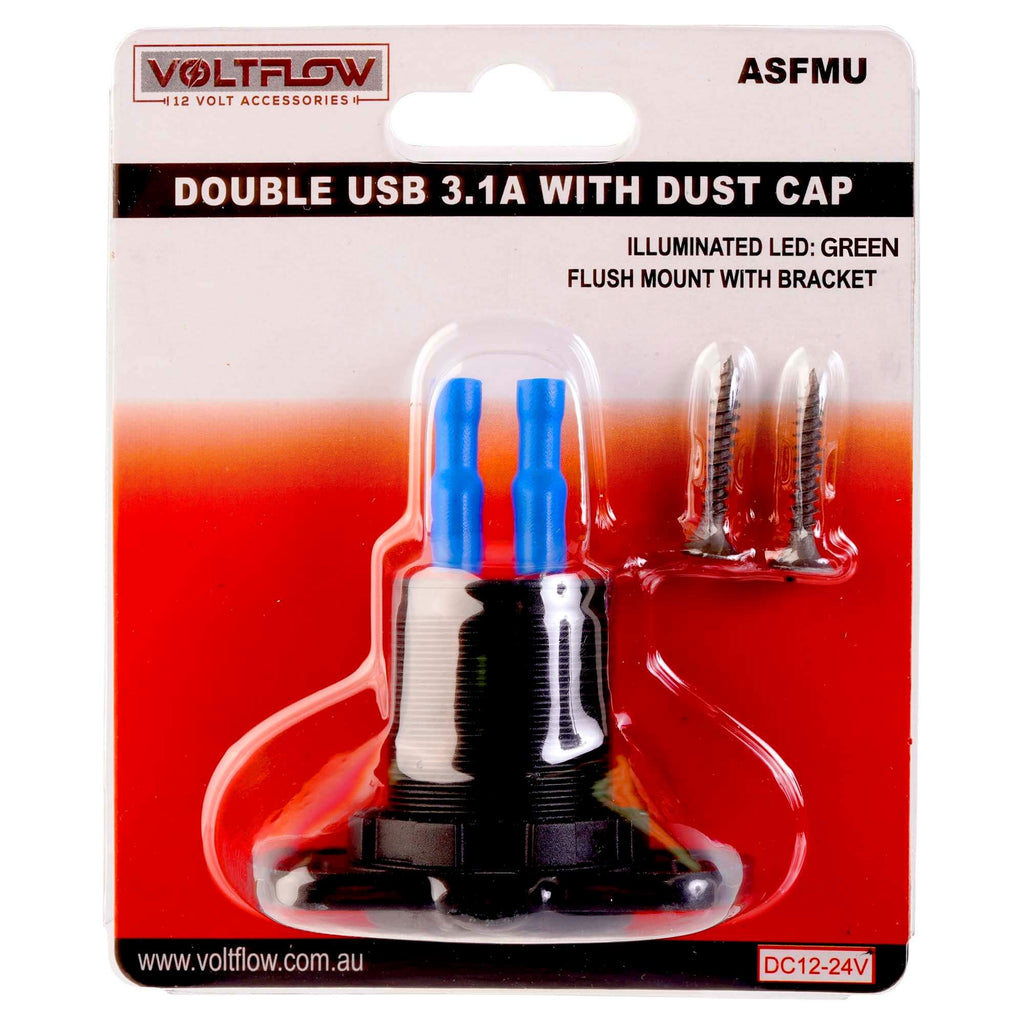 VoltFlow 12V Flush Mounted Dual USB Outlet With Dust Cap Blue LED 3.1A ...