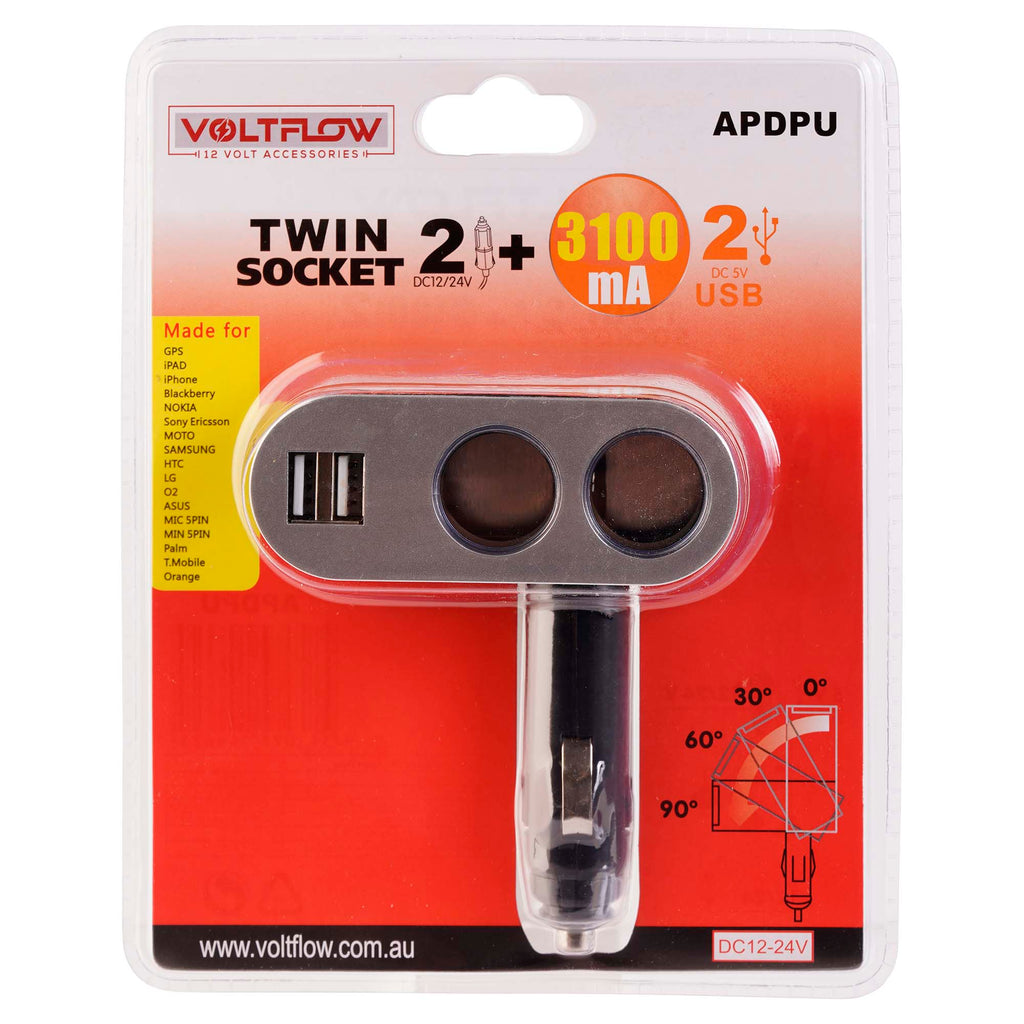 VoltFlow 12V Twin 90° Swivel Accessory Plug + Dual USB Outlet ...